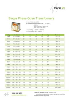 POA Single Phase Open Transformer brochure | Power On Australia | Power ...
